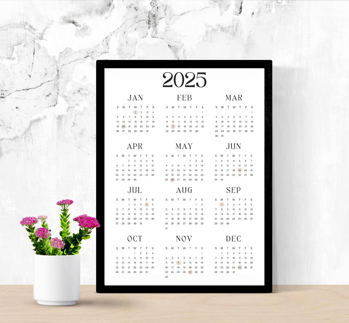 Calendar 2025 Single Page Printable, Minimalist Black & White Full Year ...