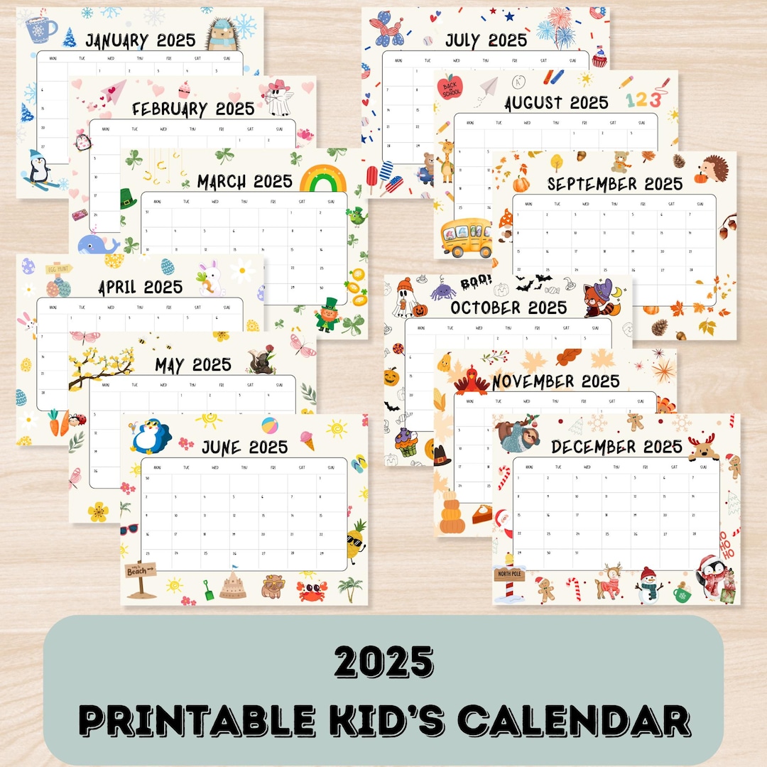 2025 Printable Monthly Calendars for Kids, Cute Kids Calendar 2025 ...