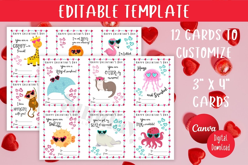 Safari Animals Valentine's Day Cards for Kids (printable PDF) - Etsy