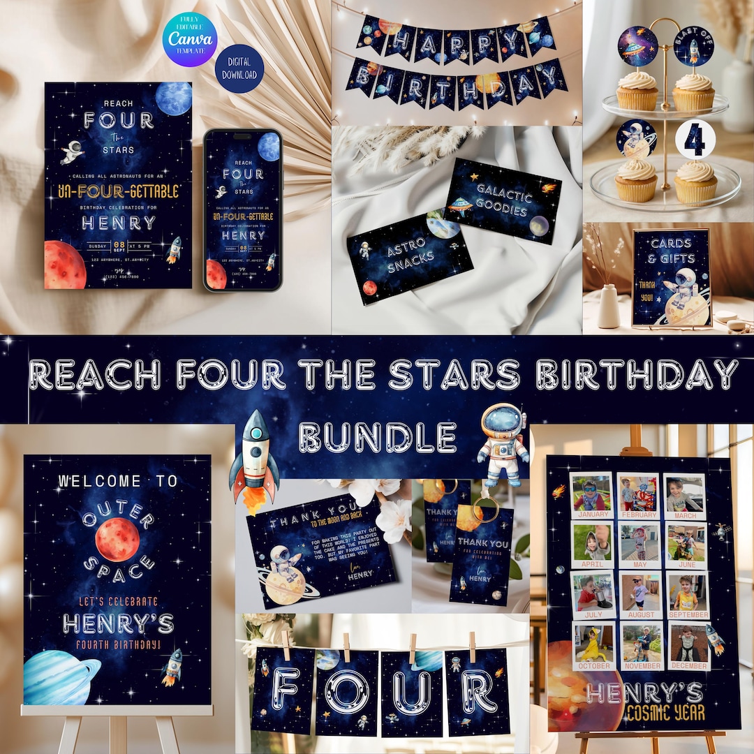 Space 4th Birthday Decor Bundle, Editable Templates (digital Download ...