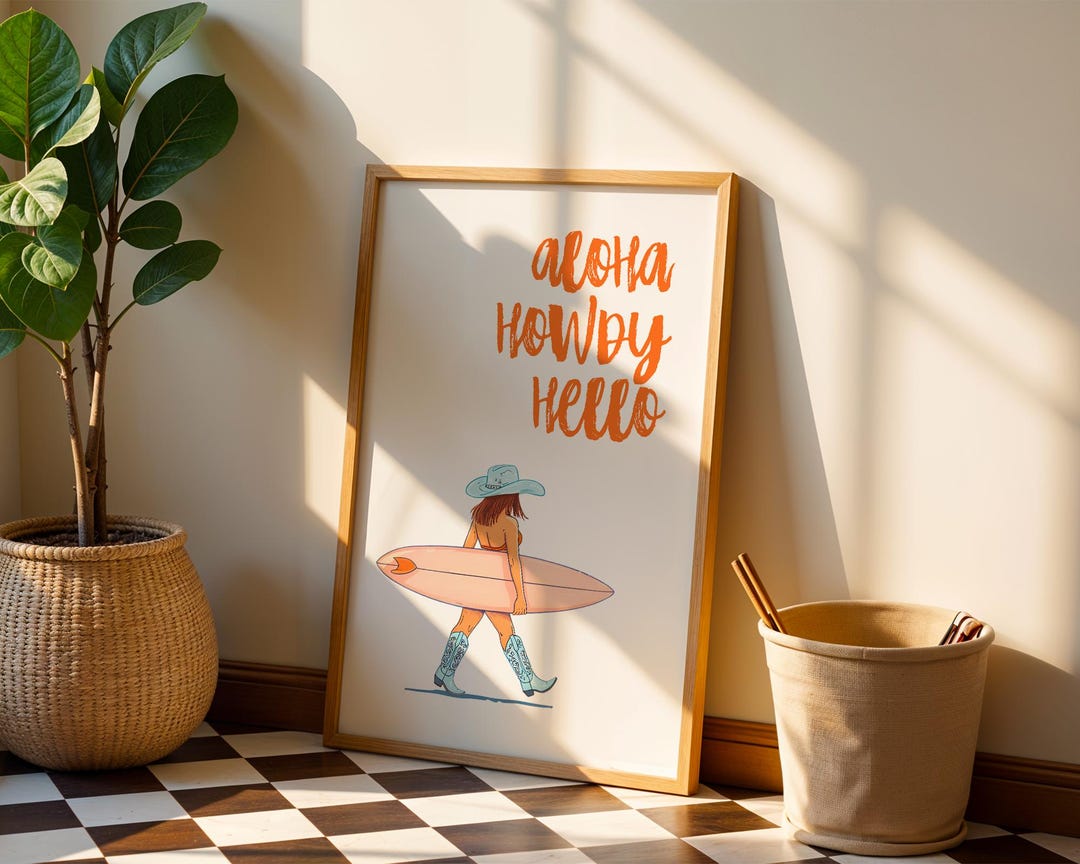 Aloha Howdy Hello Surfer Cowgirl Wall Art, Coastal Cowgirl Wall Art ...