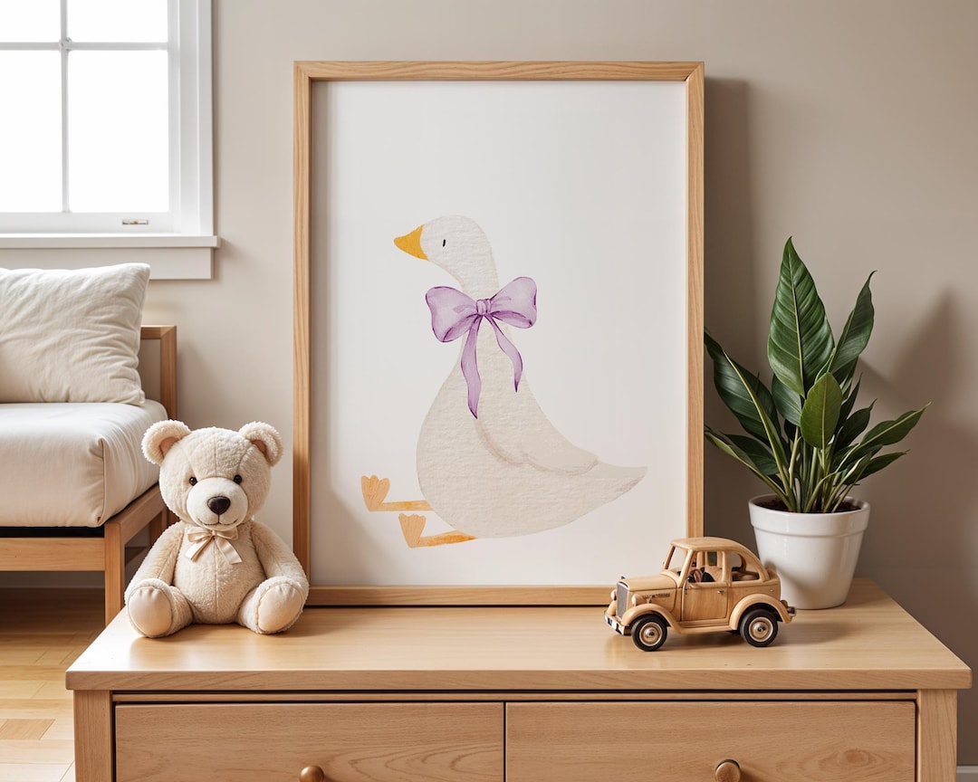 Silly Goose Wall Art Print, Cute Purple Goose With Bow Poster for Kids ...