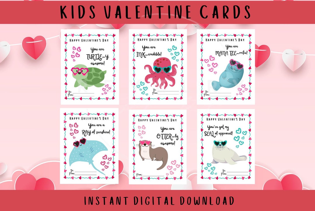 Aquatic Animals Valentine's Day Cards for Kids (digital Download) - Etsy