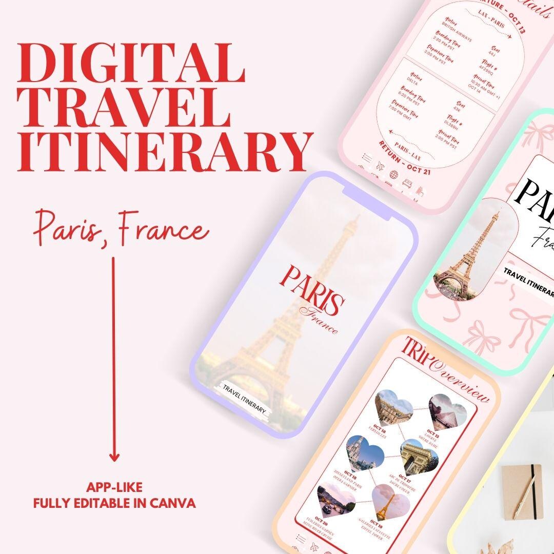 Cute Digital Travel Itinerary Template | Editable Paris France Travel ...