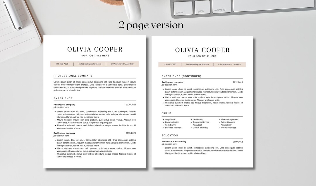 2 Page Resume Template Reference Page and Cover Page, Word, ATS Cv ...