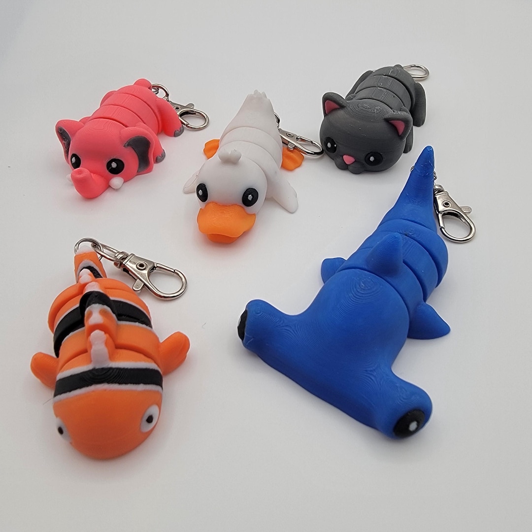 Cute Flexi Animal Keychain 5 Pack Hammerhead Cat Clownfish Duck Elephant 3D Printed Articulating ...