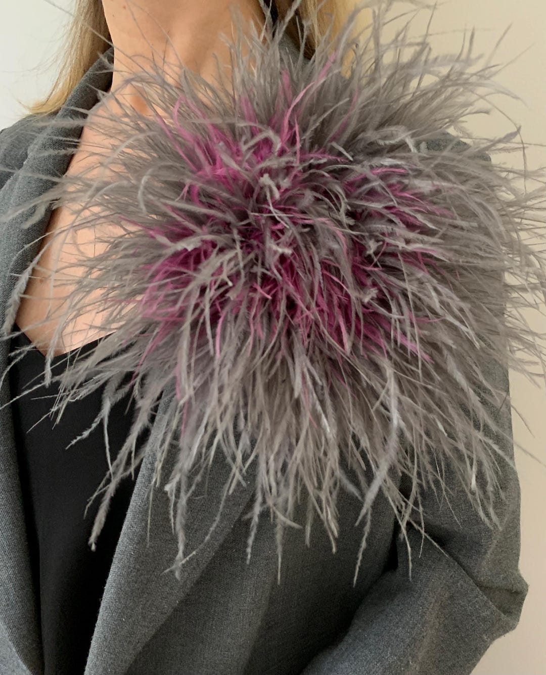 Feather Handmade Brooch, Grey and Pink Shoulder Multifunctional Crafted ...