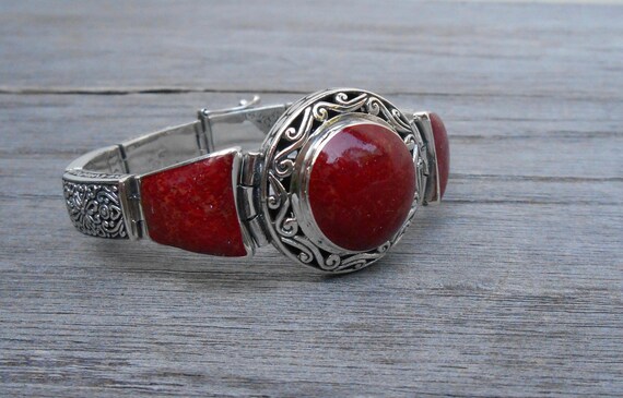 Bali solid sterling Silver red coral bracelet / silver 925 / | Etsy