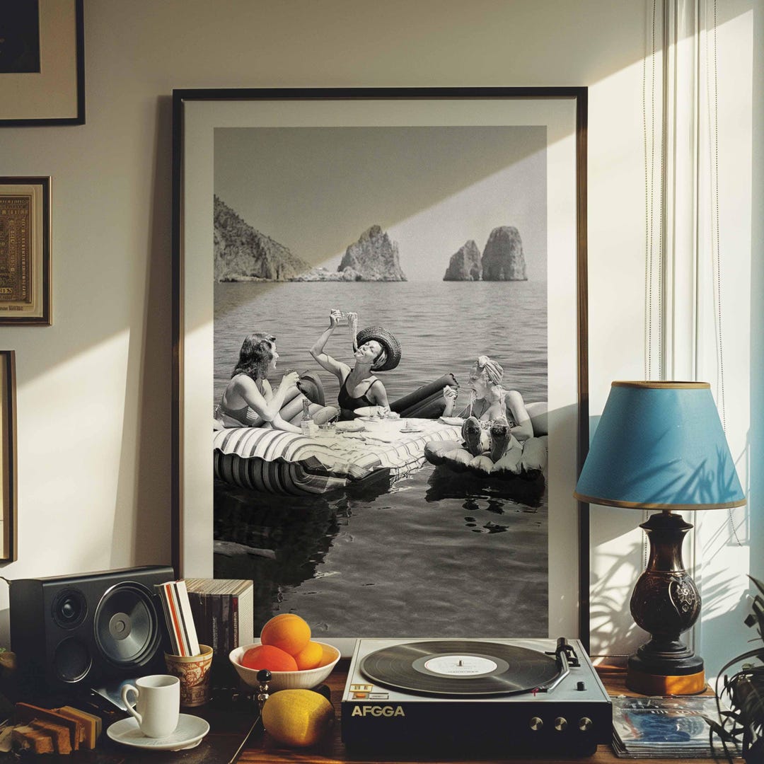 Black and White Vintage Beach Scene Poster Retro Summer Art Print Women ...