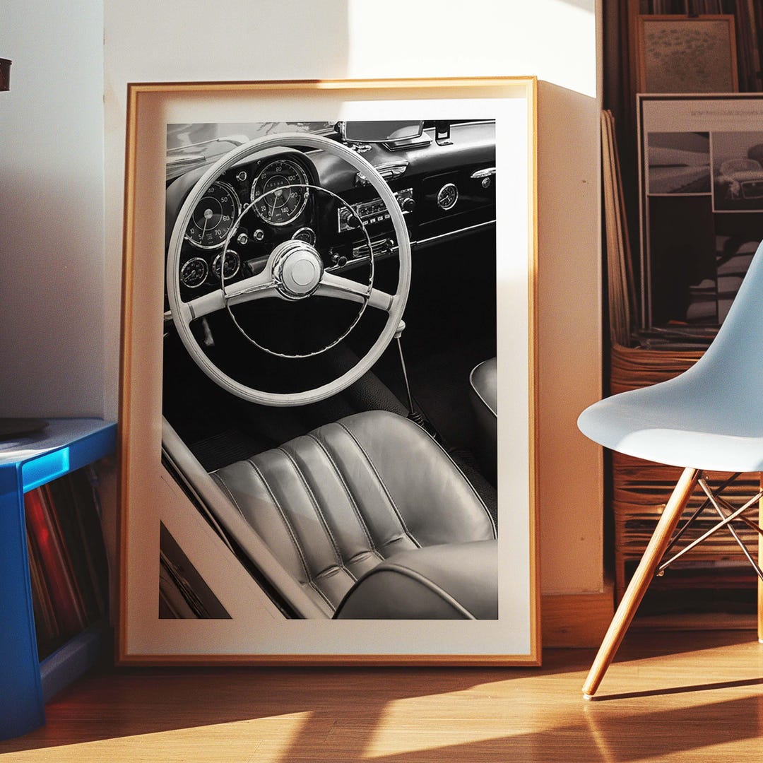 Classic Vintage Car Interior Art Print Black and White Automobile ...