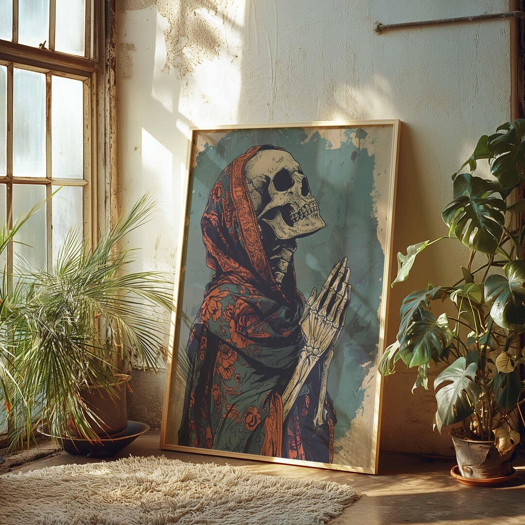 Praying Skeleton Art Print Vintage Halloween Decor Floral Day of the ...