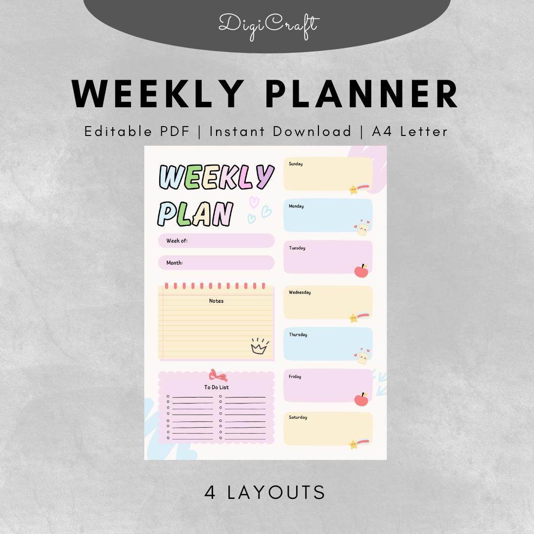 Editable Weekly Planner Printable, Digital Weekly Planner PDF Weekly ...