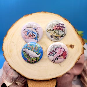 Watercolor Ocean Animals 4ct 1 25 Pinback Button Set Underwater