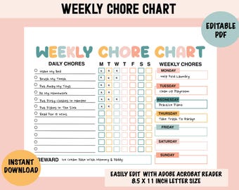 Editable Responsibility Chore Chart for Kids Teens, Daily Weekly Reward ...
