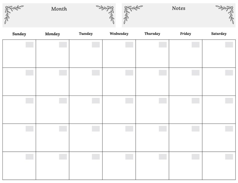 Editable Blank Monthly Calendar - Etsy