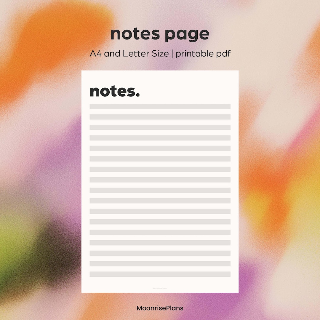 Printable Notes Page Template A4 & Letter Sizes 4 Color Variations ...