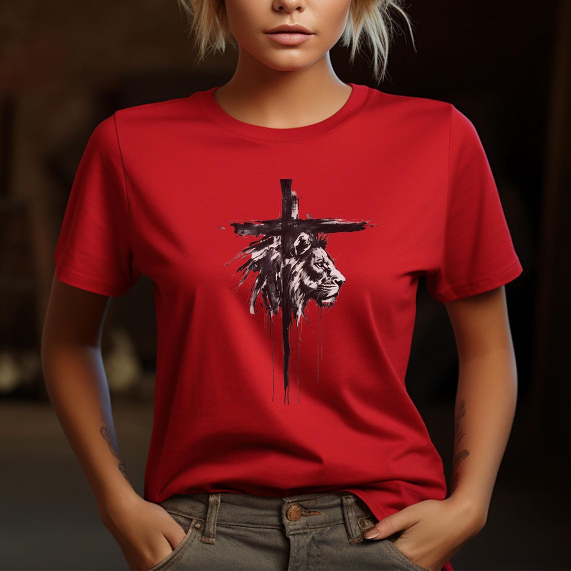 Christian Lion and Cross Drip Art Design Bold Religious Art for T ...