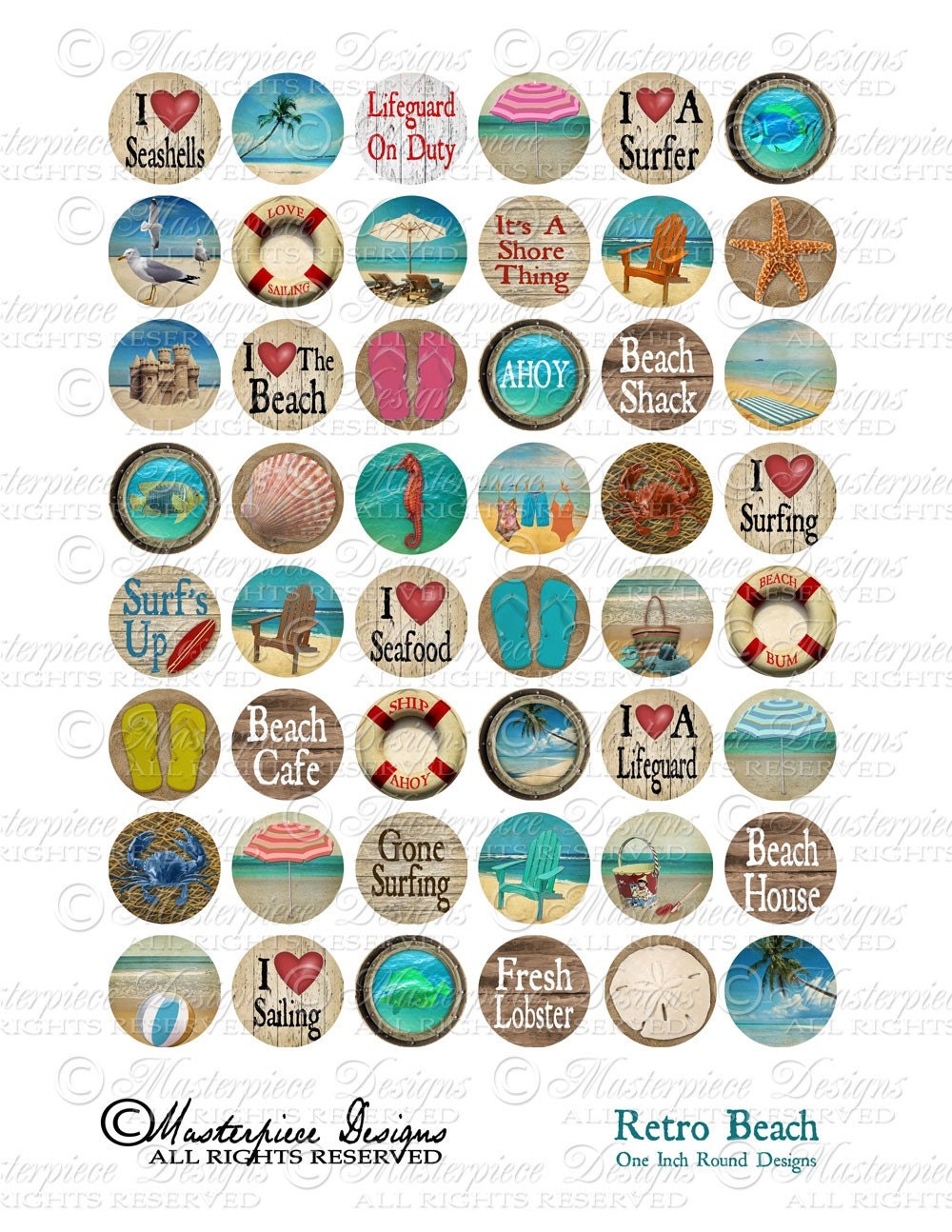 Retro Beach Printable Round Designs / Ocean / Seashore / - Etsy Canada