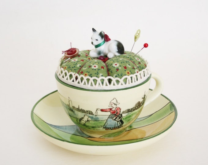 Vintage G S Zell Baden Pottery Tea Cup Pincushion With Kitten - Etsy