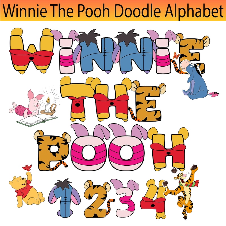 Winnie the Pooh Doodle Alphabet Png, Honey Bear Doodle Letters Png ...
