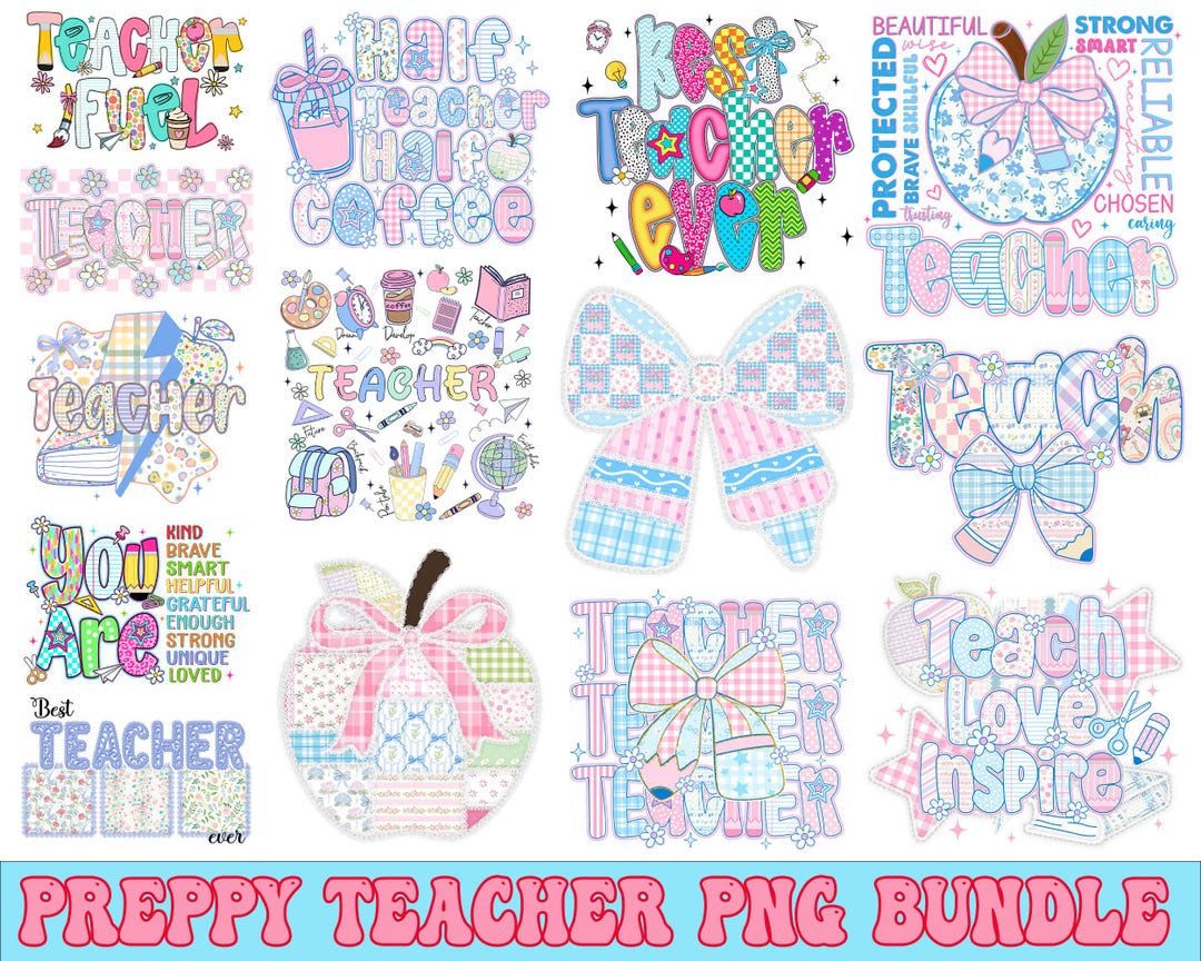 Preppy Teacher Png Bundle, Back to School Png Bundle, Pastel Teacher ...