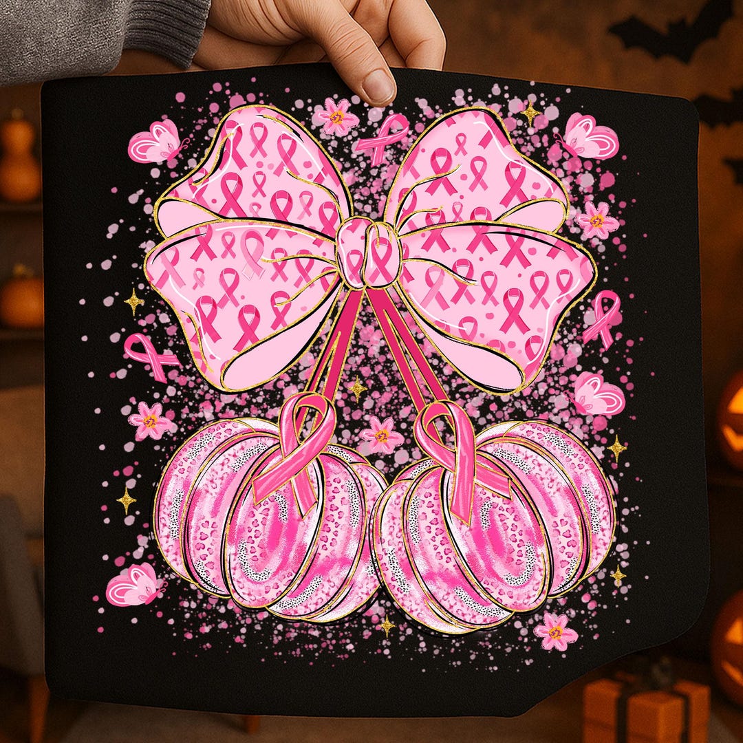 Preppy Breast Cancer Awareness Pumpkin PNG: Pink Splatter, Coquette Bow ...