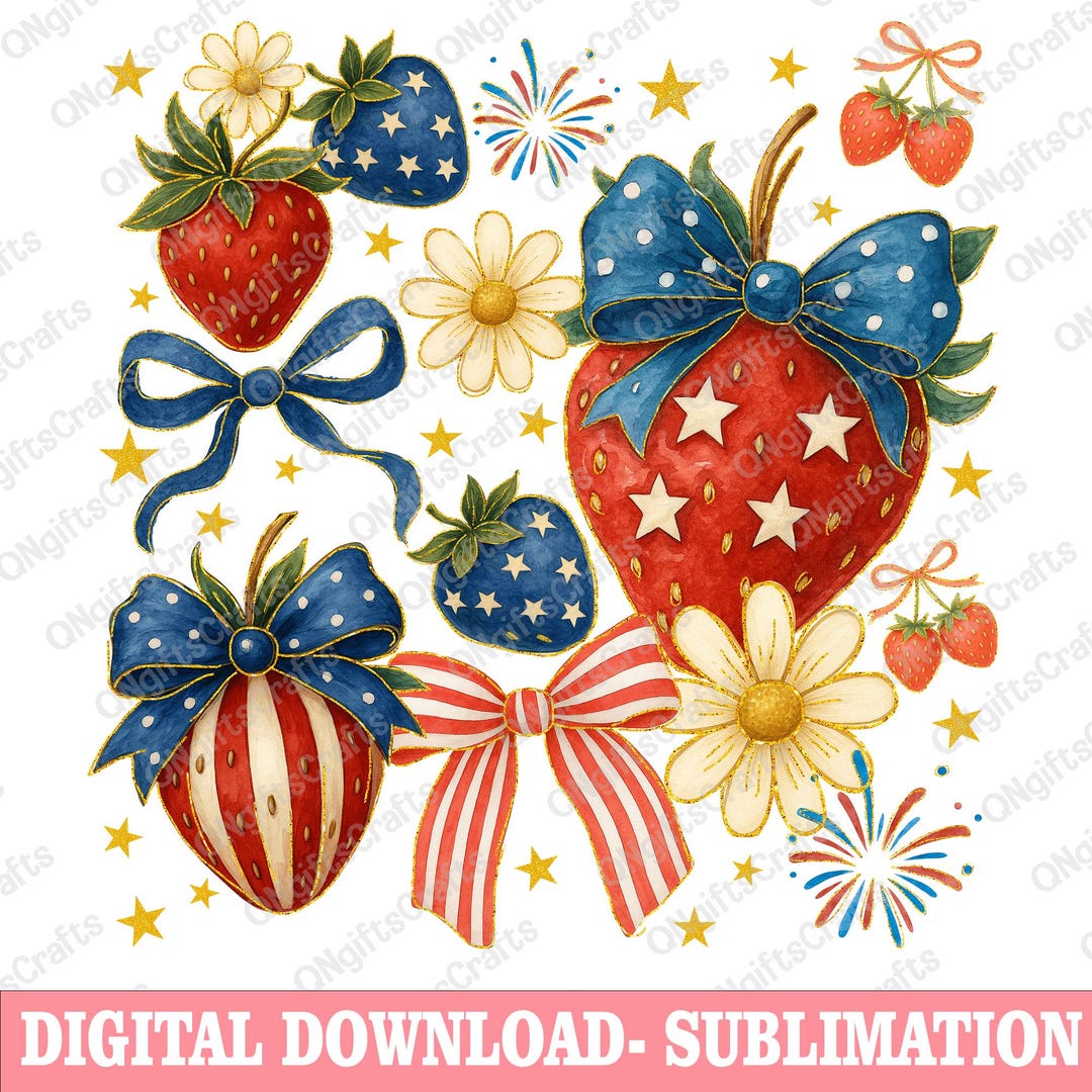 Boho 4th of July Strawberry PNG, Patriotic Bow Png, Preppy Strawberries ...