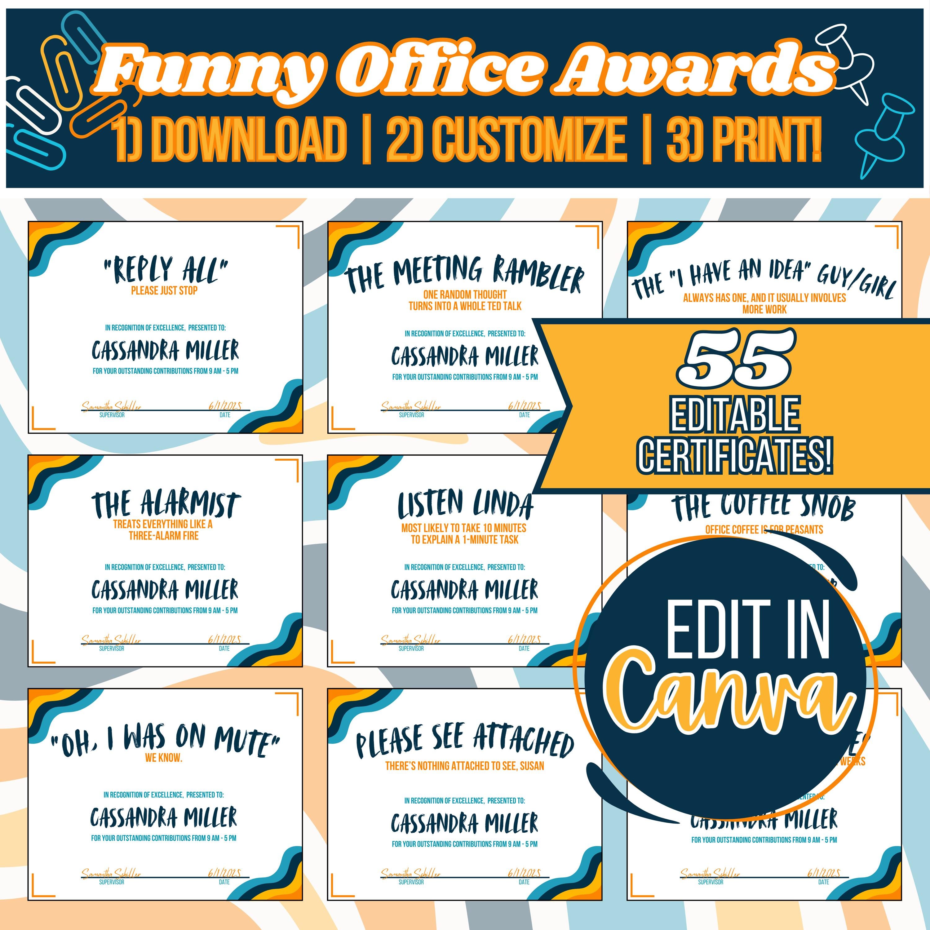 Funny Employee Awards Certificate Bundle Funny Work Award Employee