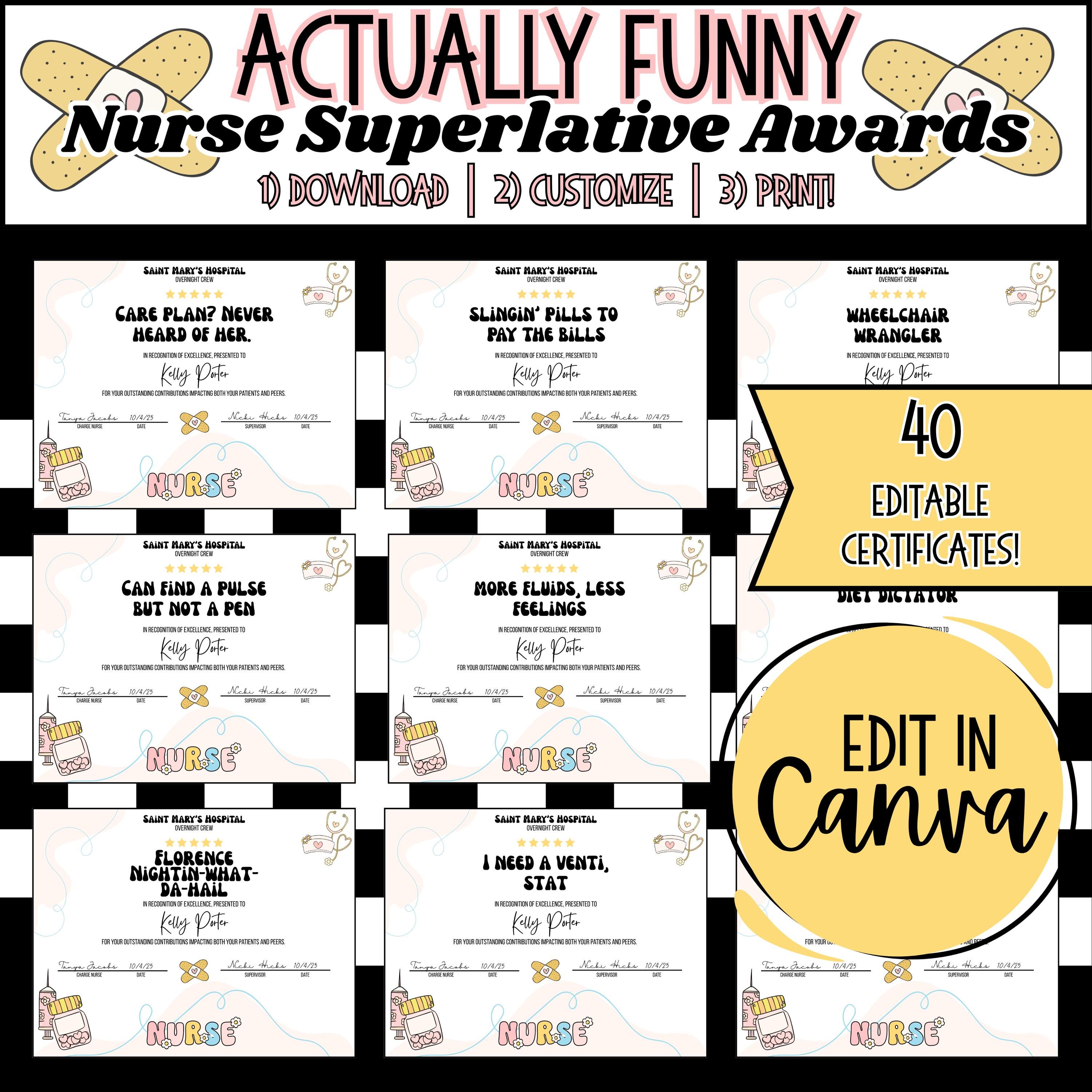 Nursing Awards Funny Editable Certificates, Nursing Nurse Week Award ...