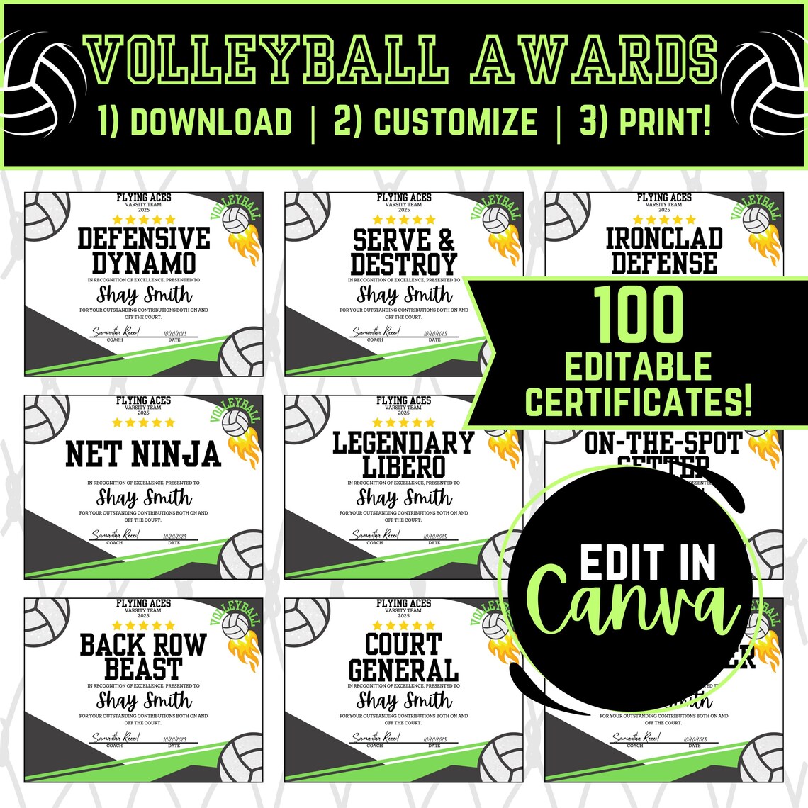 Volleyball Awards Printable, End of Year Personalized Volleyball Award ...