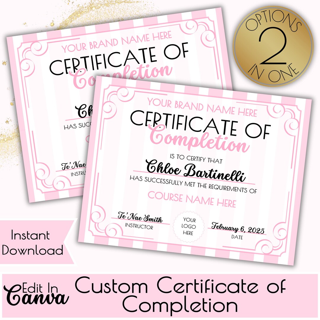 Pink Certificate of Completion Template, Editable Training Course ...