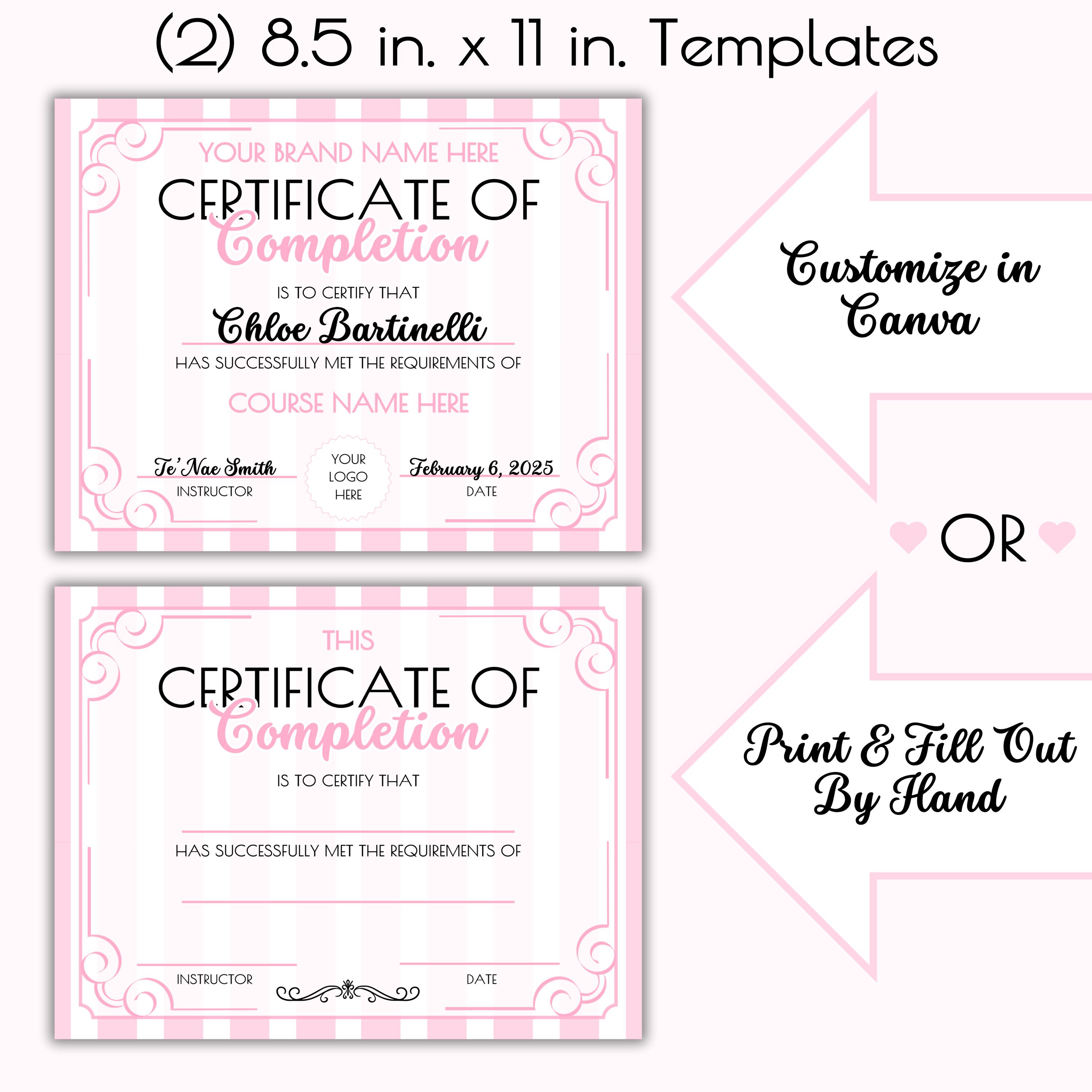 Pink Certificate of Completion Template, Editable Training Course ...