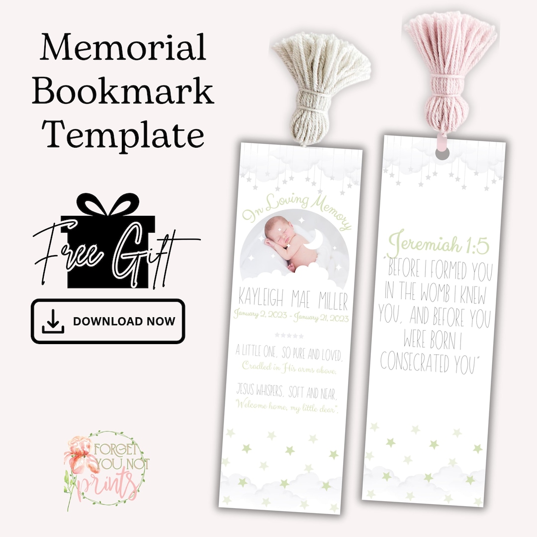 Baby Memorial Bookmark PNG Funeral Favors, Custom Bookmark Template ...