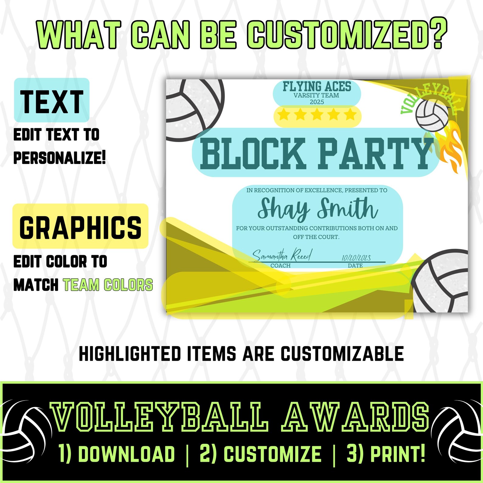 Volleyball Awards Printable, End of Year Personalized Volleyball Award ...