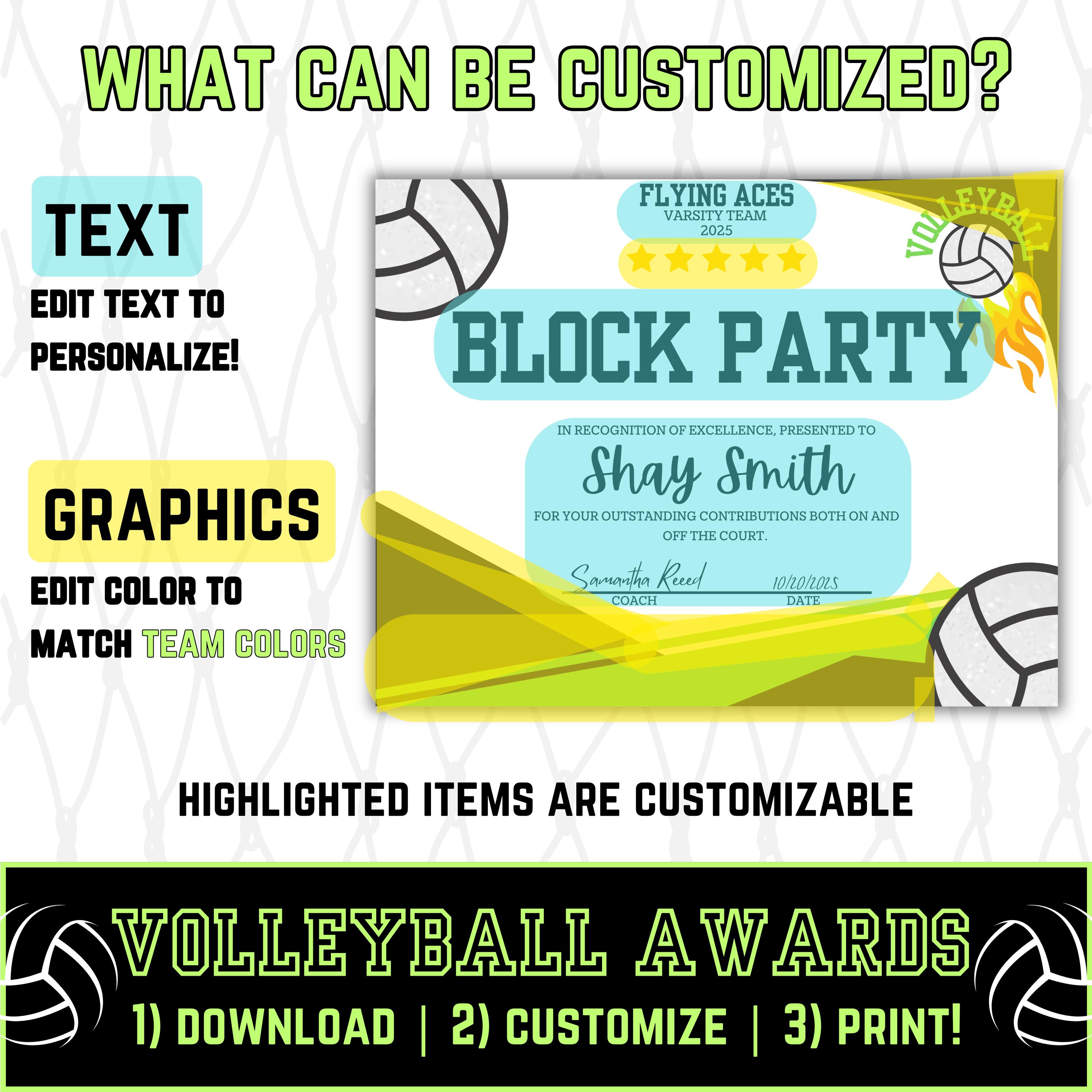 Volleyball Awards Printable, End of Year Personalized Volleyball Award ...
