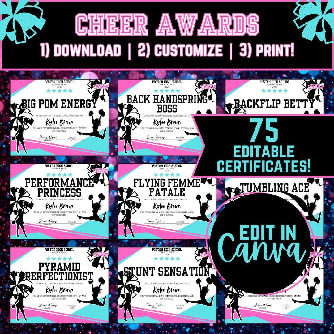 Personalized Cheer Awards, Cheerleading Certificate Template, Editable ...