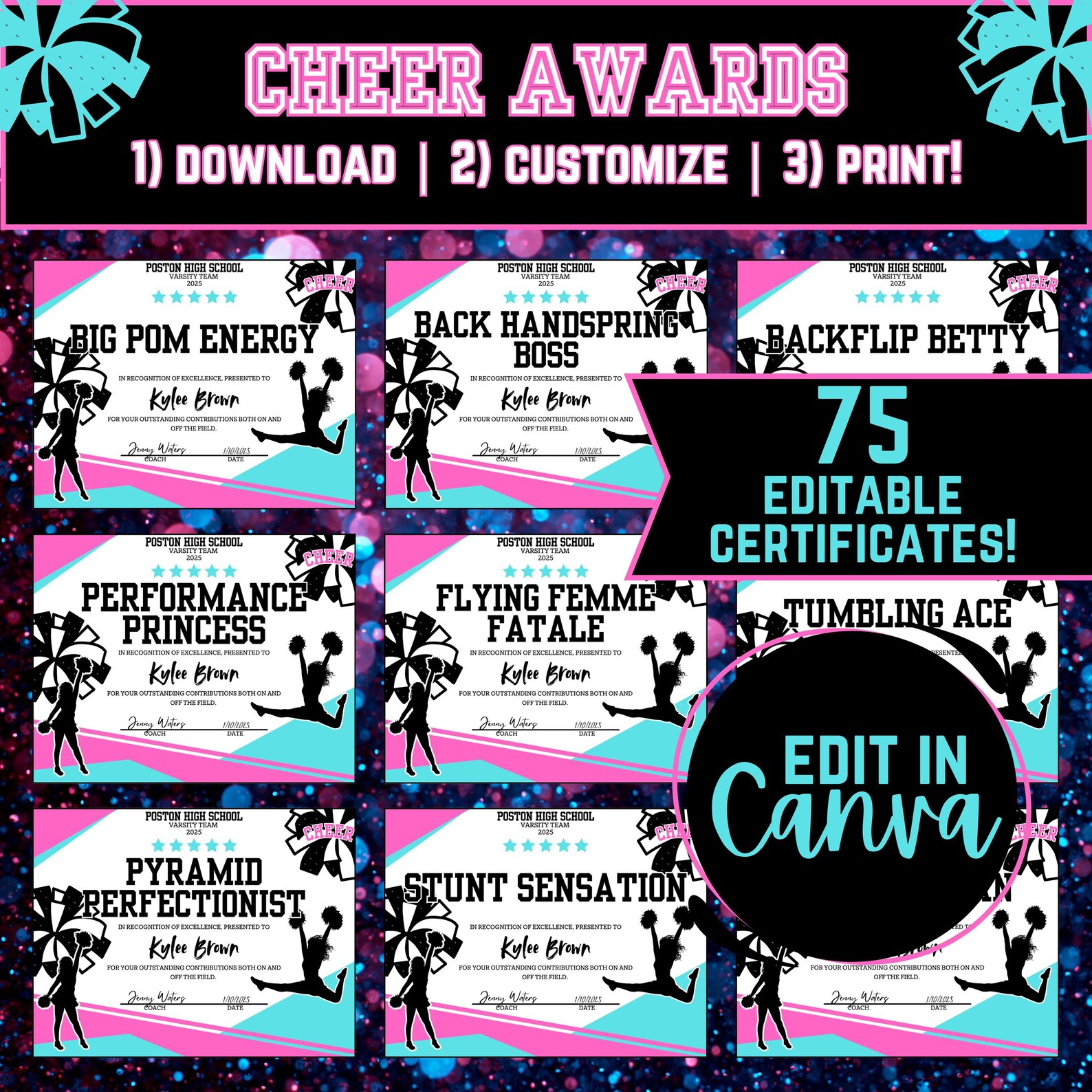 Personalized Cheer Awards, Cheerleading Certificate Template, Editable ...