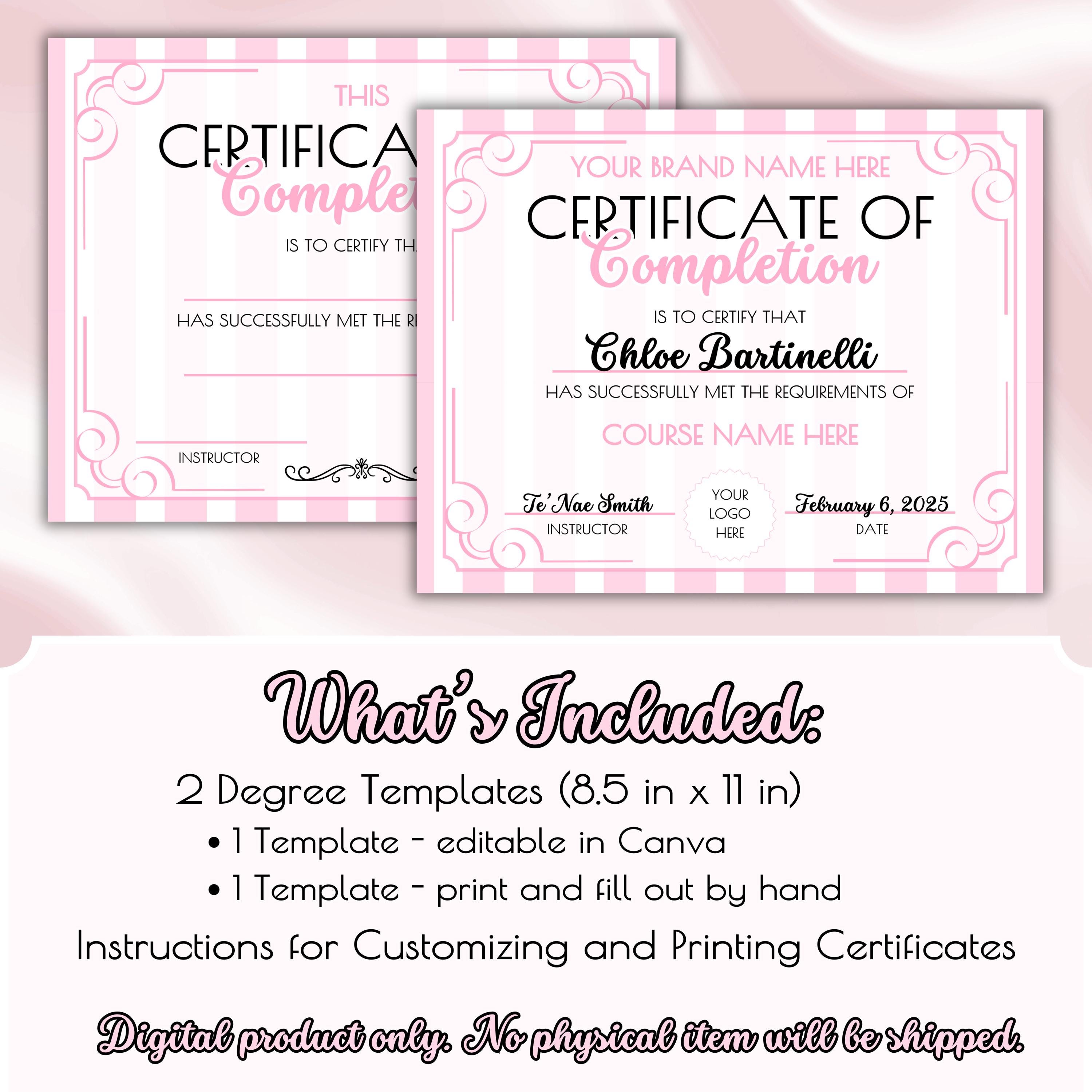 Pink Certificate of Completion Template, Editable Training Course ...