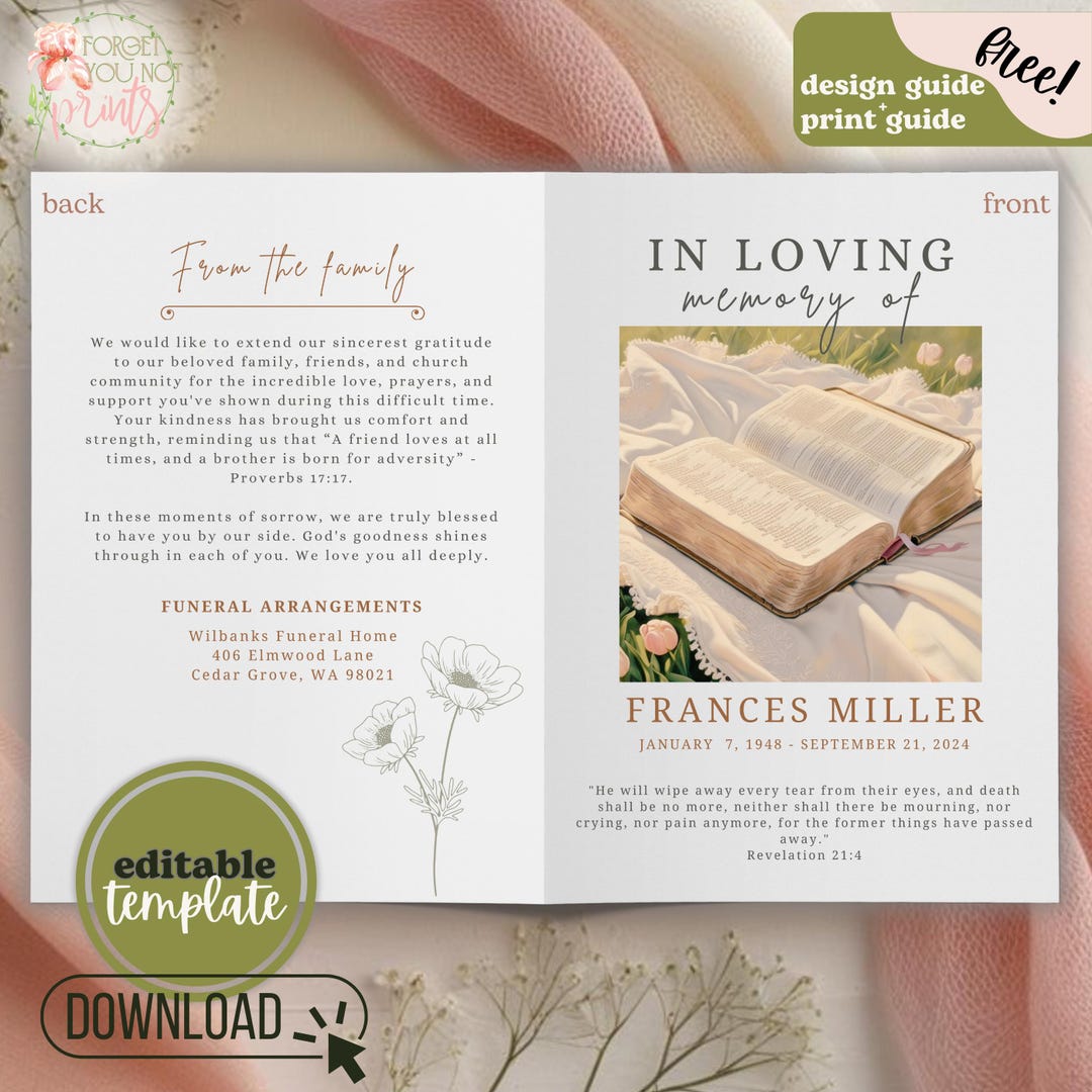 Editable Religious Funeral Program Template, Personalized Floral ...