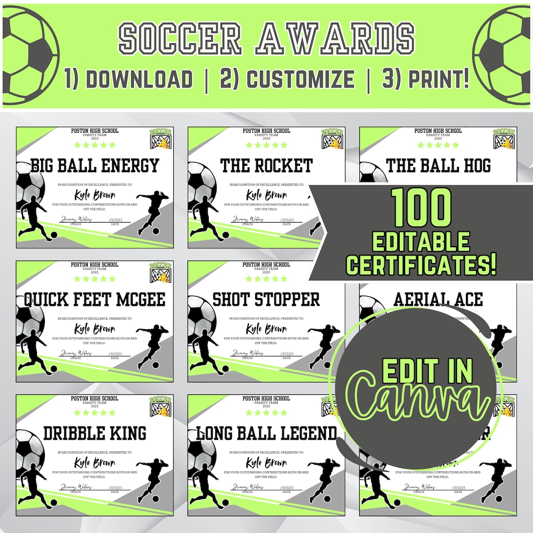 Soccer End of Season Award Printables, Team Recognition Soccer Award ...