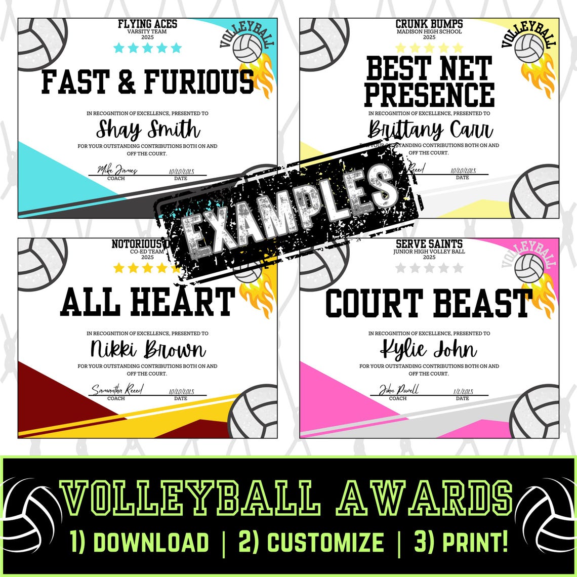 Volleyball Awards Printable, End of Year Personalized Volleyball Award ...