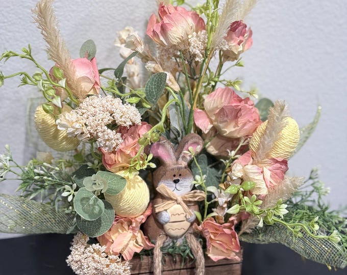Bunny Figurine Floral Easter Arrangement, Farmhouse Table Centerpiece ...