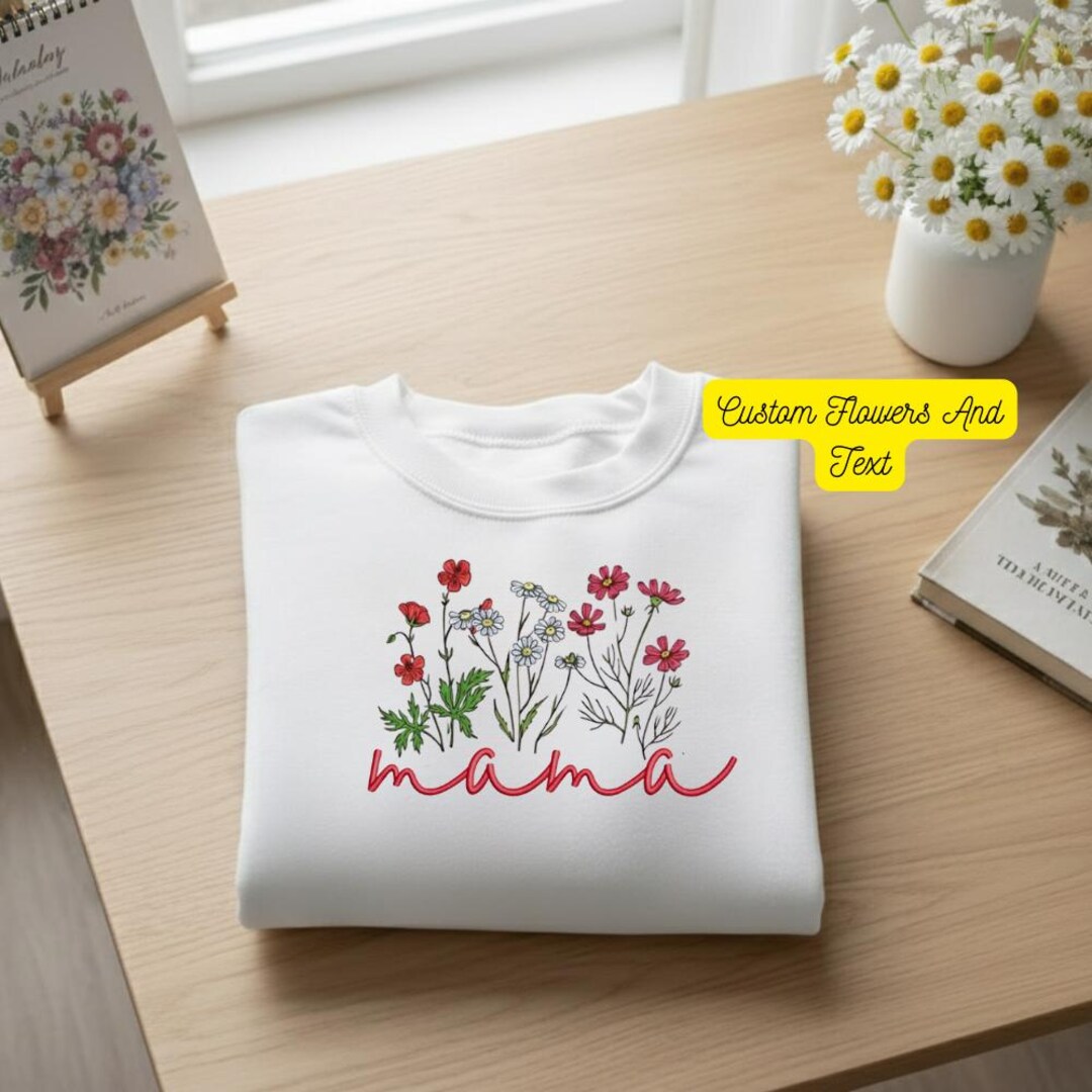 Custom Wild Flowers With Names Embroidered Sweatshirt, Personalised ...