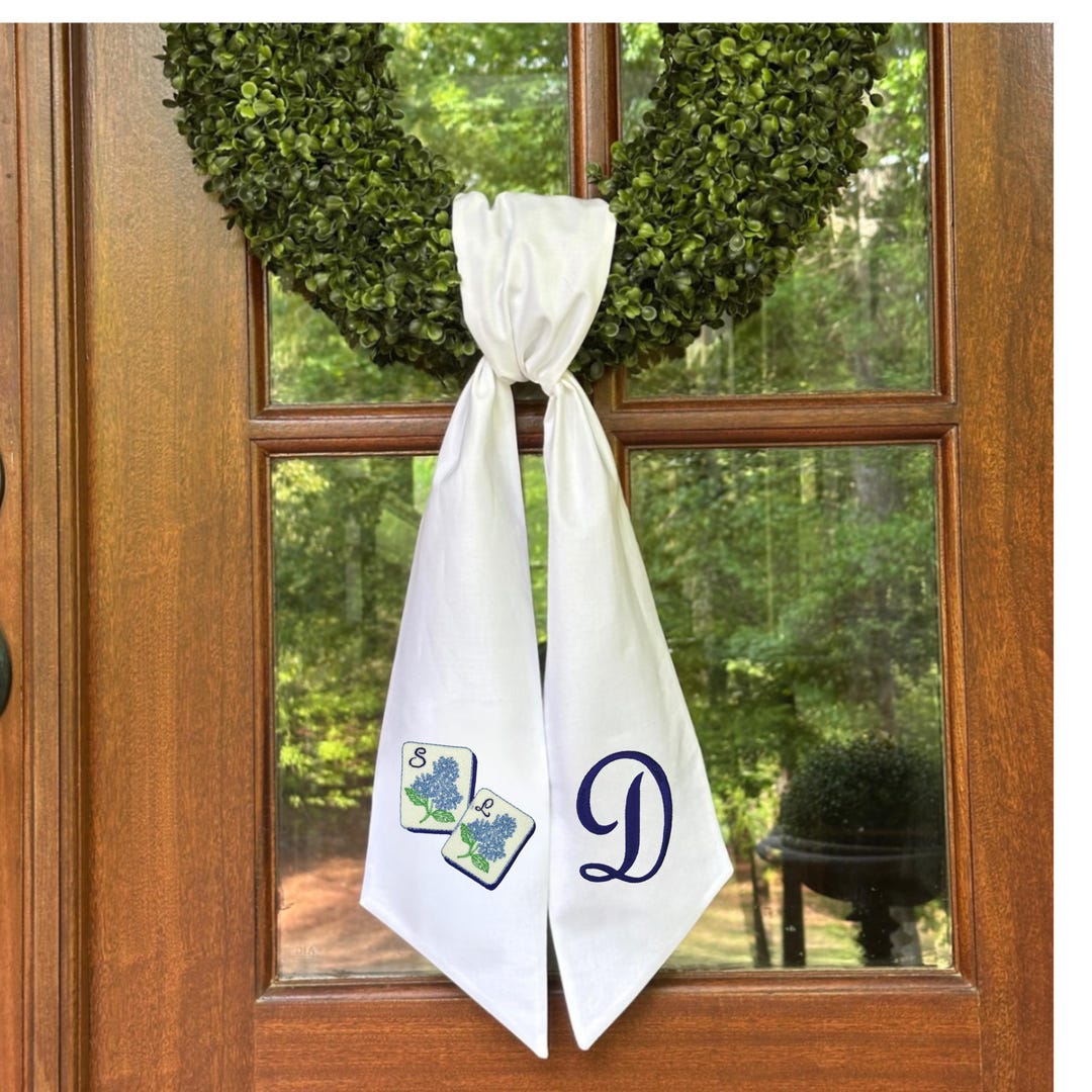 Embroidered Mahjong Tiles Wreath Sash, Monogrammed, Hydrangea Mahjong ...