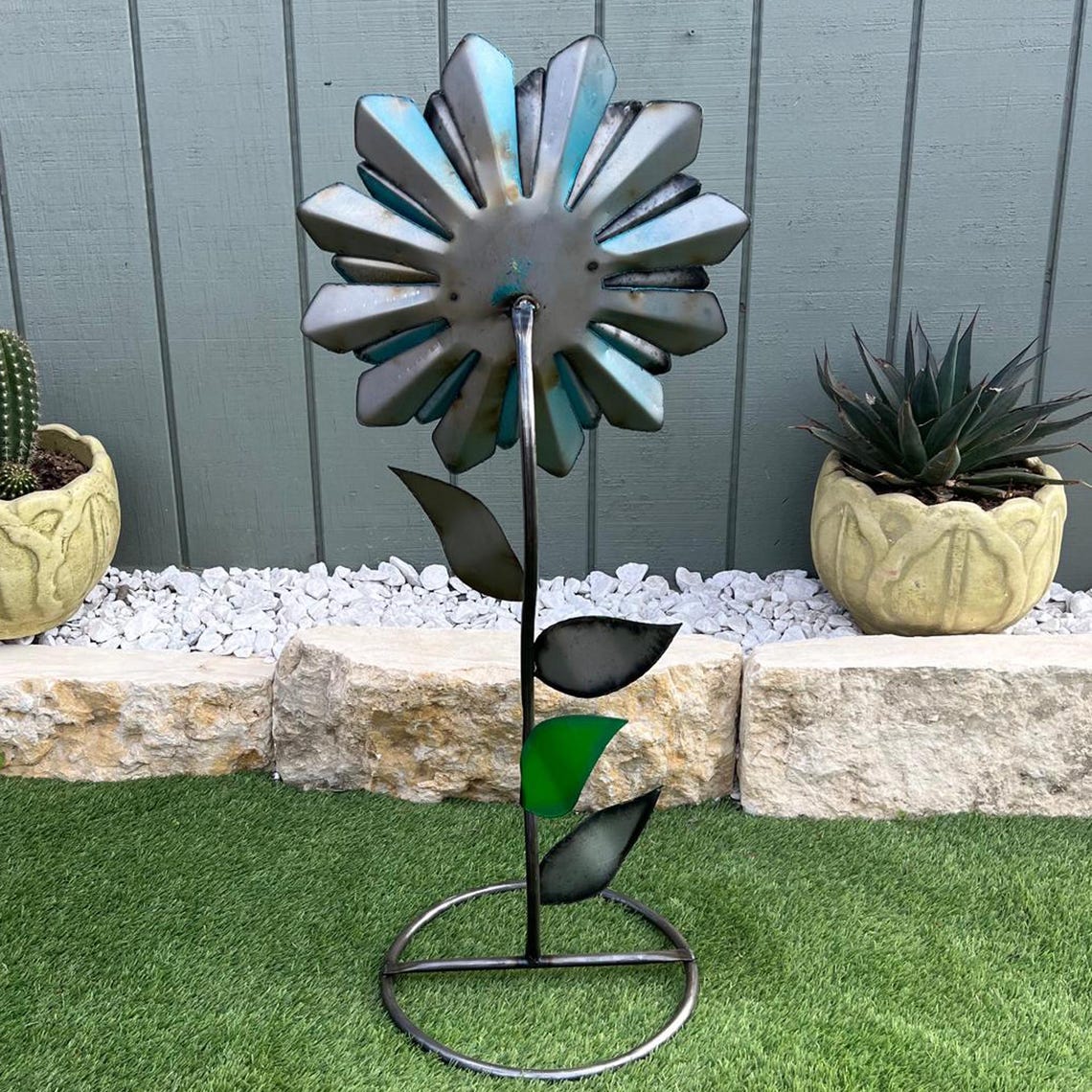 Handmade Metal Flower Garden Sculpture: Blue & Pink Whimsical Yard Art ...
