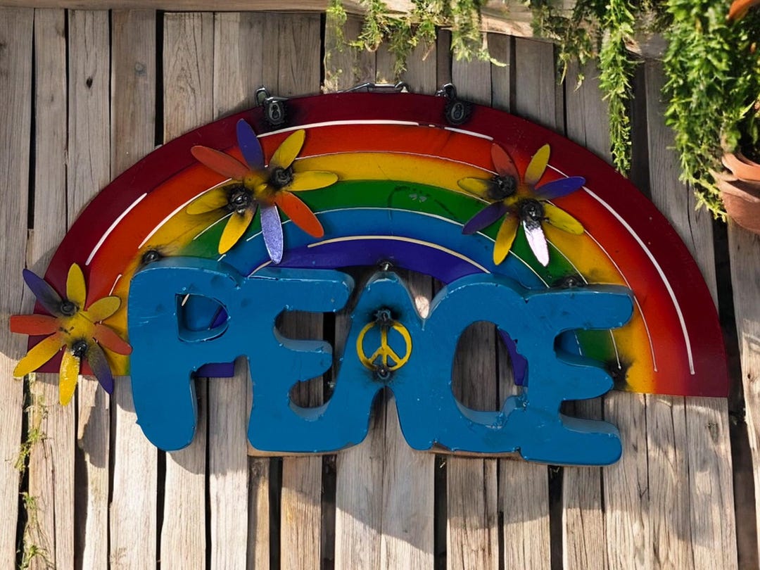 Handmade Metal Peace Rainbow Wall Art, Colorful Hippie Decor, Boho ...