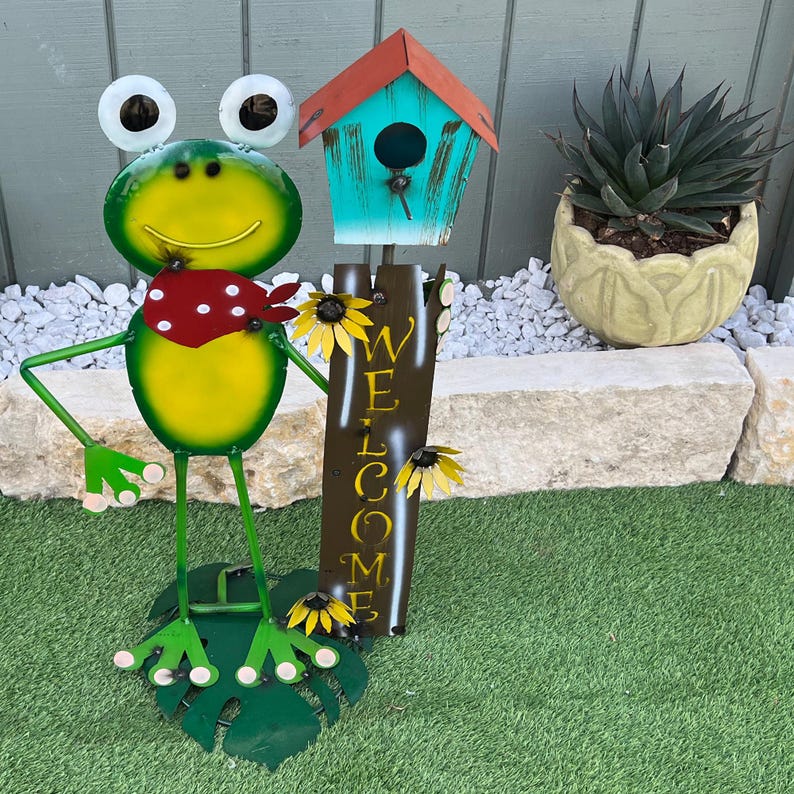 Handmade Metal Frog Welcome Sign With Birdhouse: Whimsical Garden Decor ...