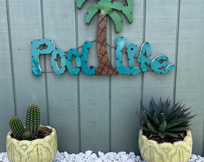 Pool Life Metal Wall Art, Tropical Palm Tree Pool Sign, Rustic Outdoor ...