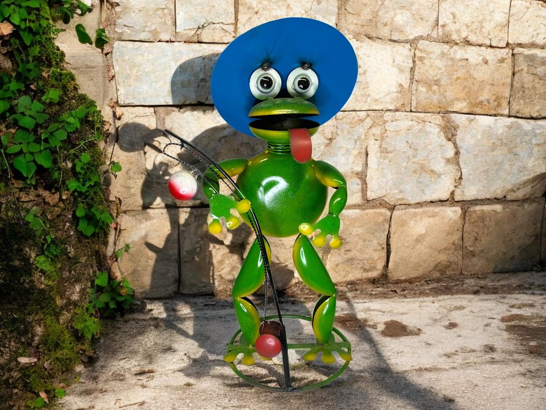Whimsical Fishing Frog Garden Sculpture – Metal Frog Statue With Hat ...