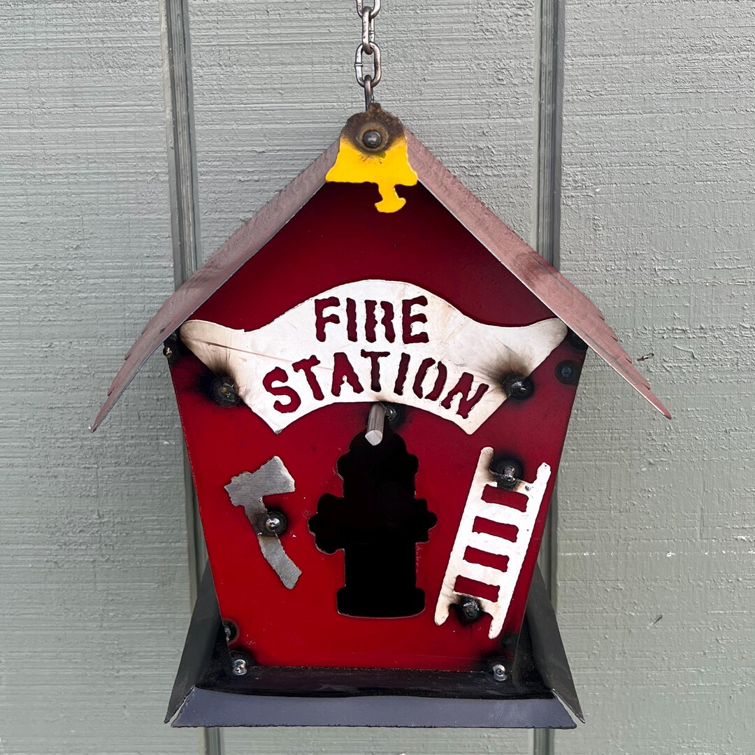 Metal Fire Station Birdhouse: Handmade Colorful Yard Art (23x9.5x8 ...